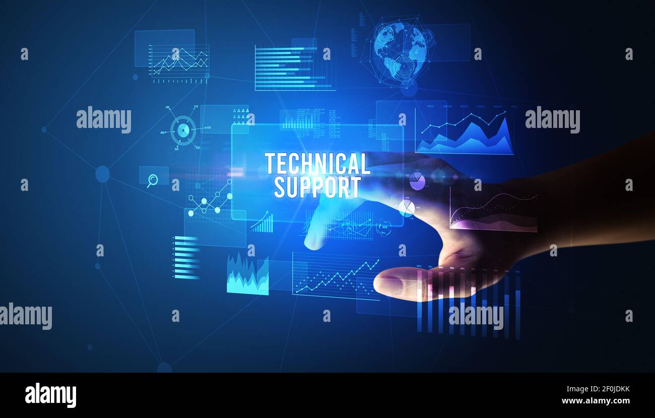 Hand touching TECHNICAL SUPPORT inscription, new business technology ...