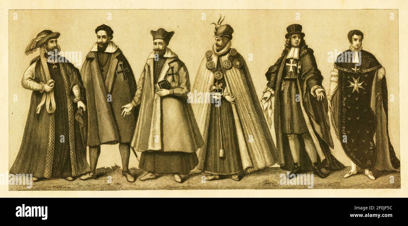 Antique illustration of members of European orders. Published in ...