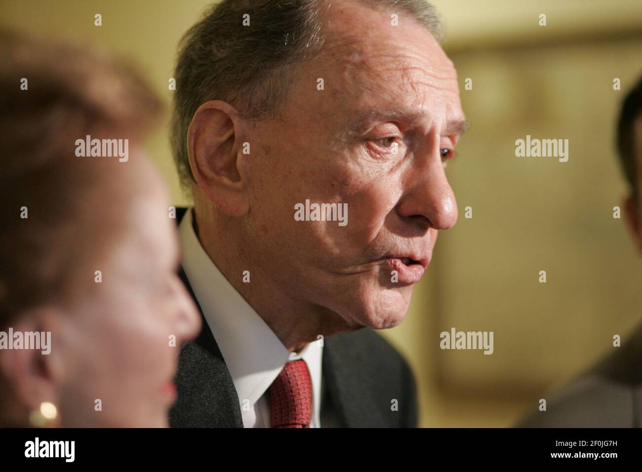 U.S. Sen. Arlen Specter (D-Pa.) speaks to reporters at news conference ...