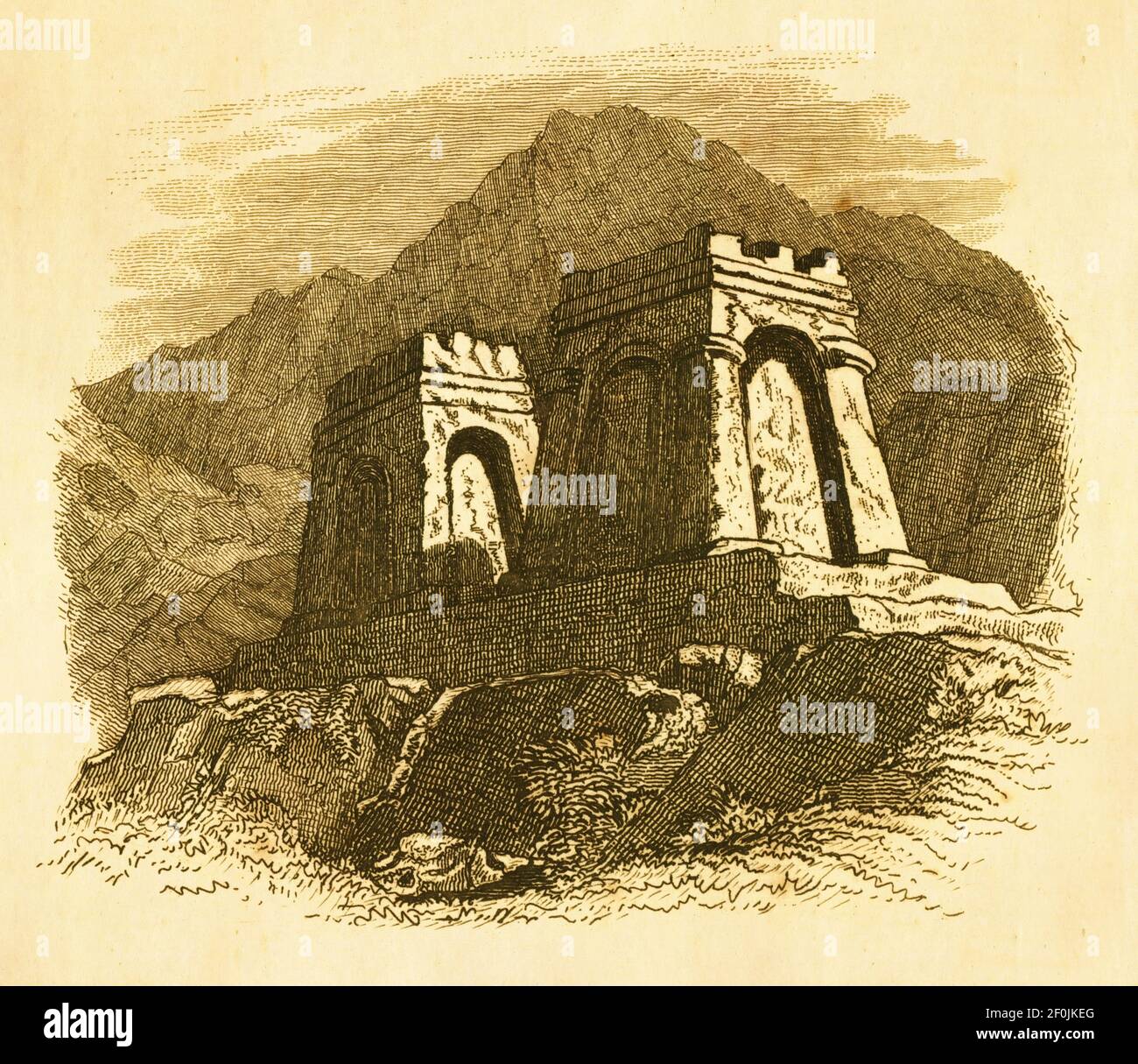 Antique illustration of a Persian fire temple. Published in ...