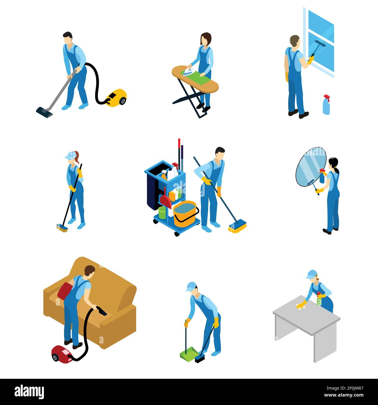 Professional cleaners isometric icons set with men and women doing ...