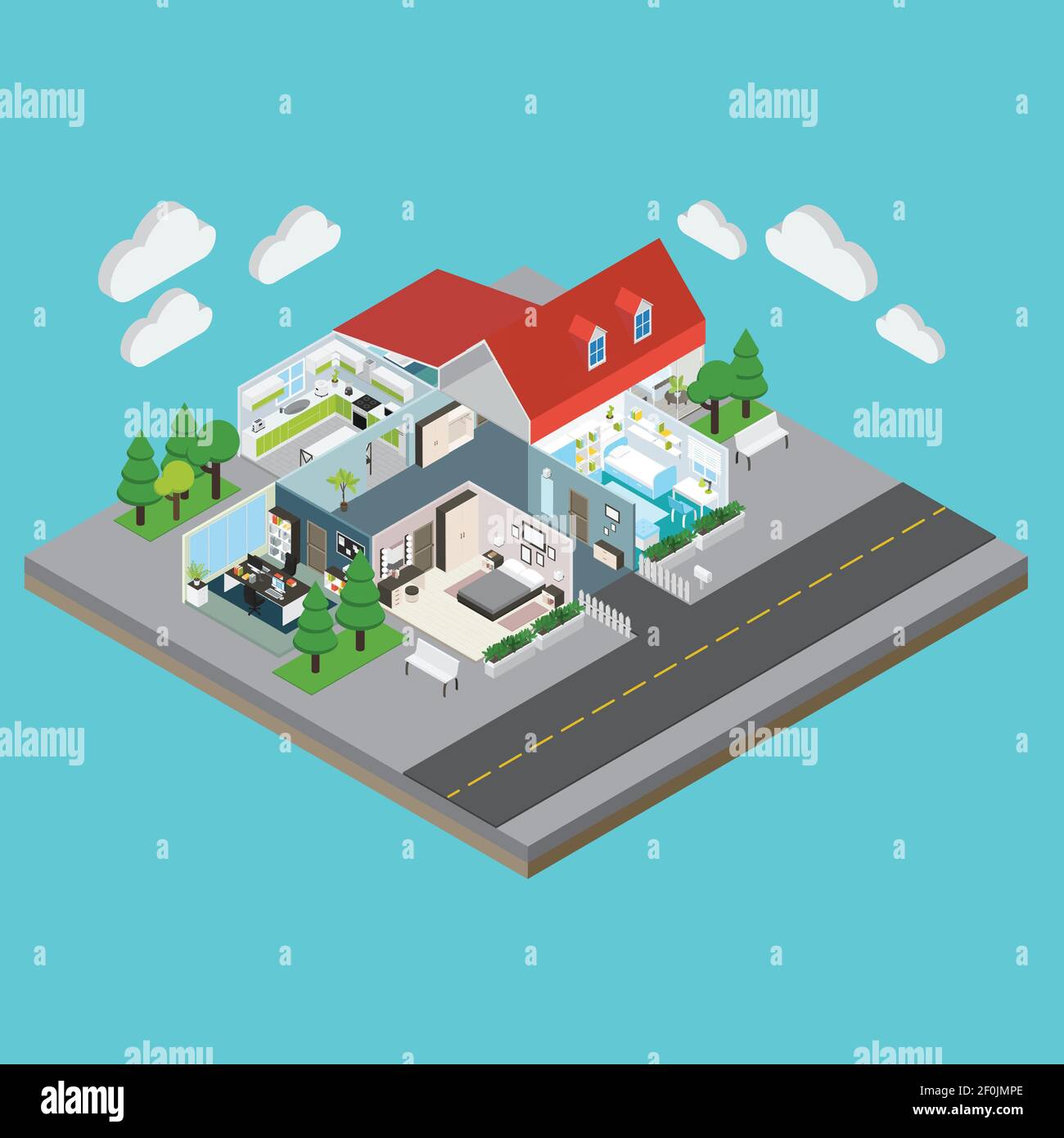 Isometric house interior view with red roof and without with isolated ...