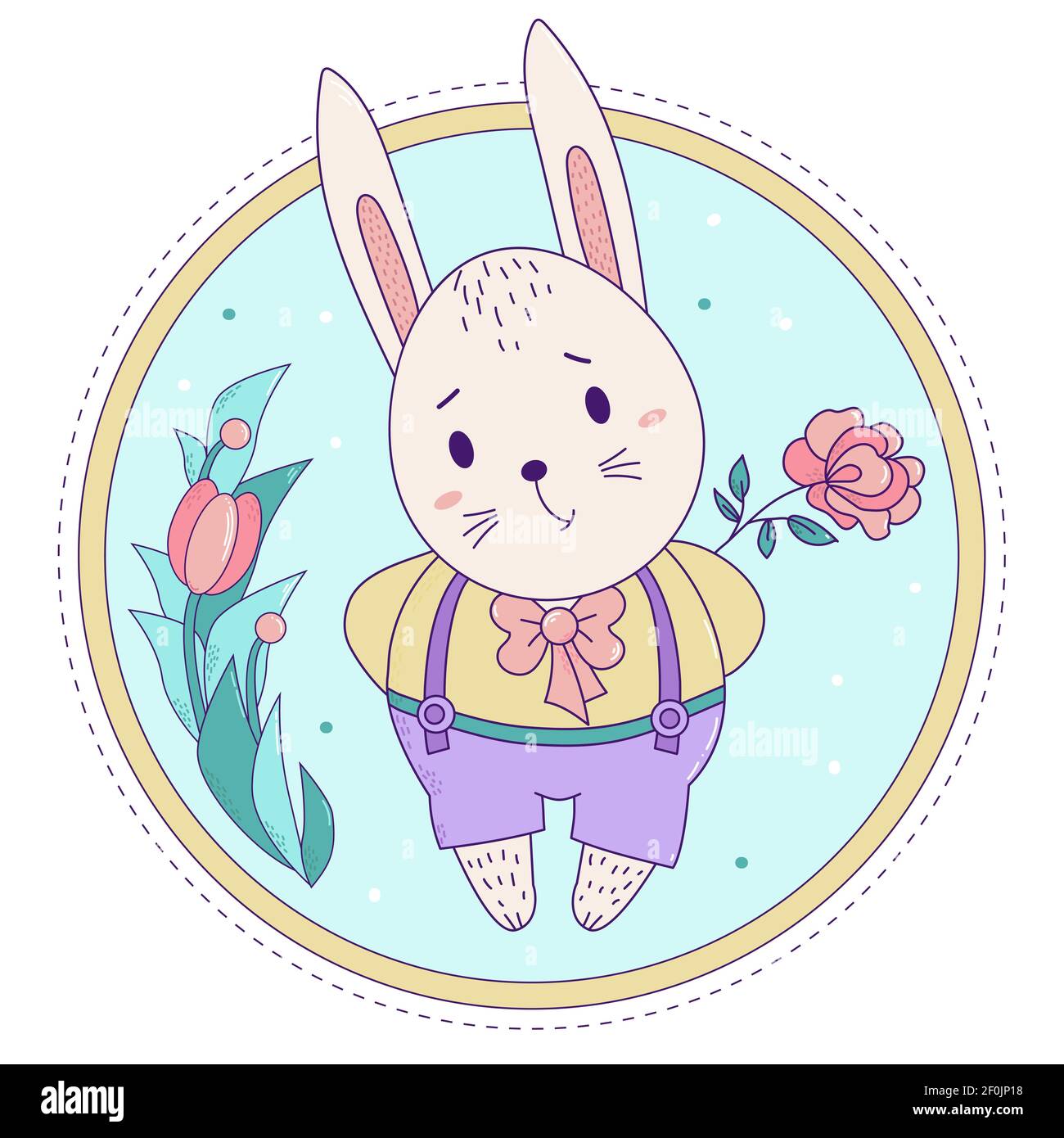 Cute rabbit. Easter bunny boy in pants on suspenders with a rose on a ...