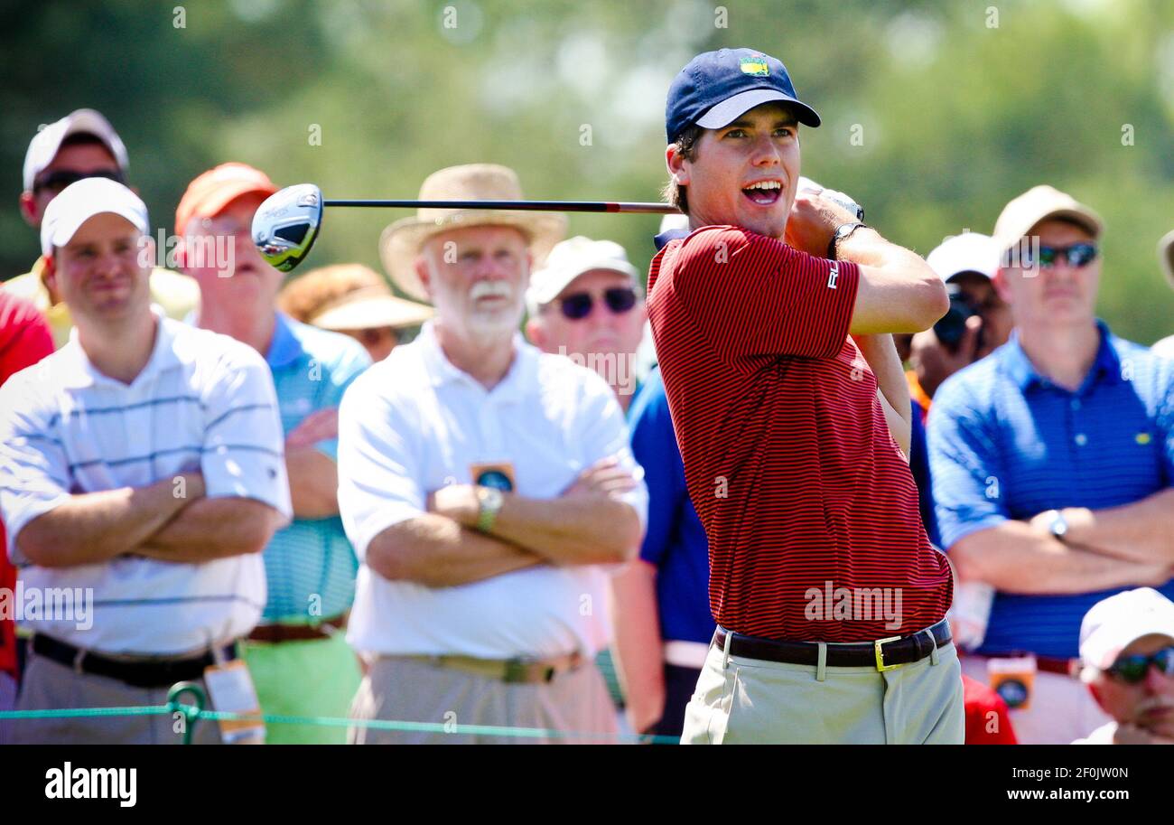 Ben Martin reacts to his tee shot on the eighth hole during a practice ...