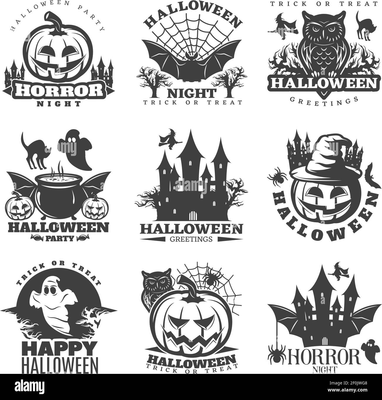 Halloween black white emblems of parties and greetings with holiday ...