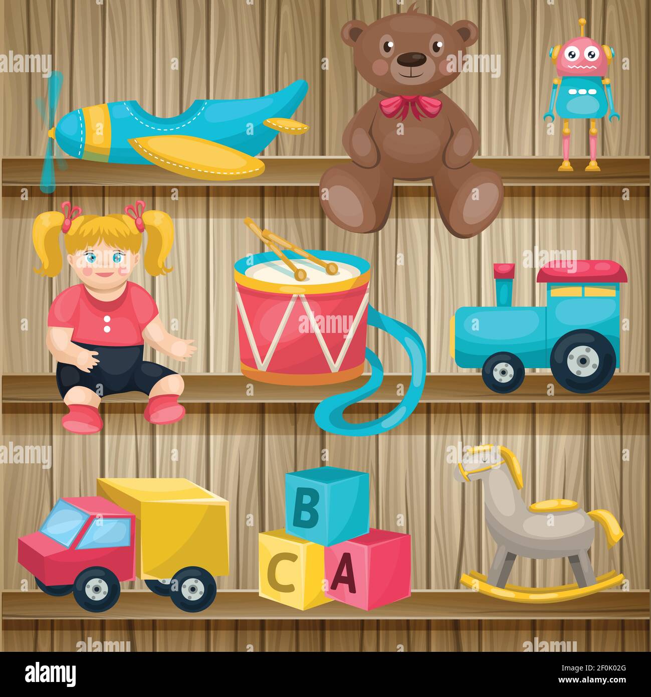Composition with cartoon style drawn wooden shelves and kids toys of ...
