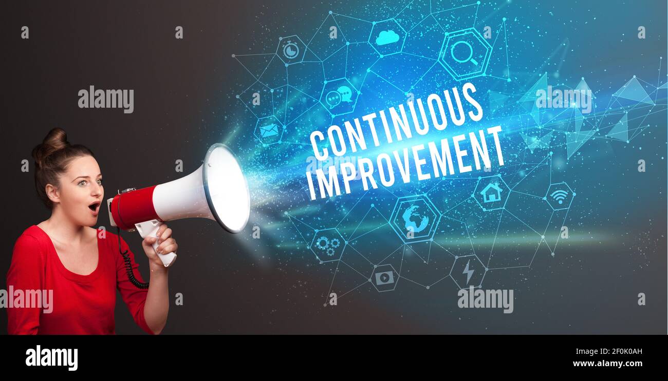 Young woman shouting in megaphone with CONTINUOUS IMPROVEMENT ...