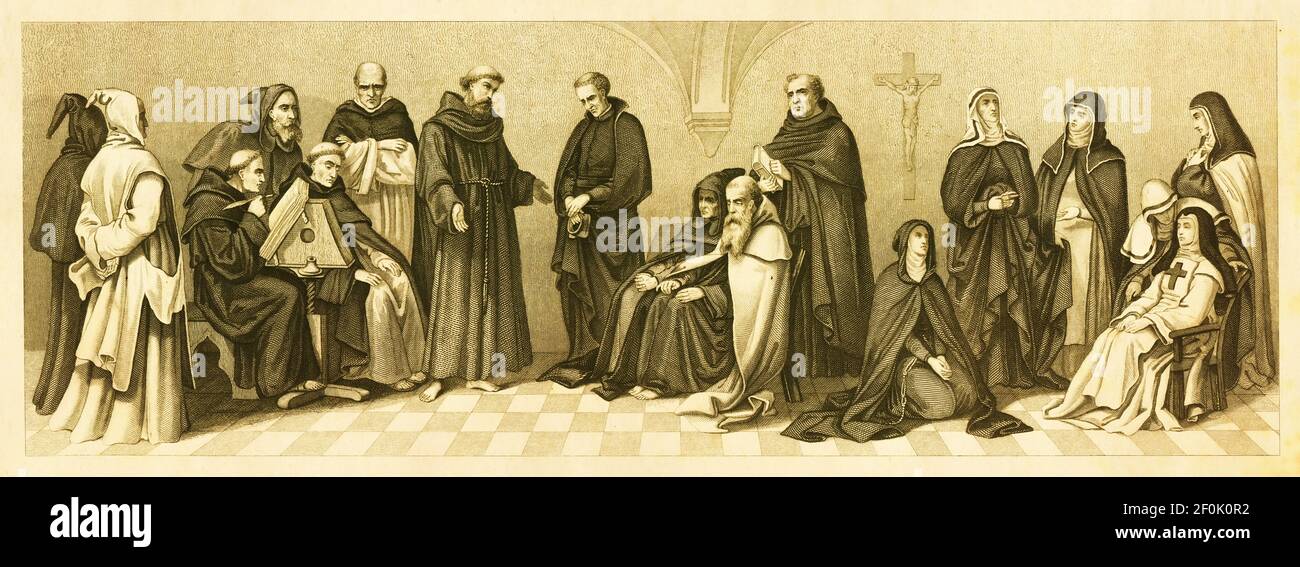 19th-century engraving of religious garments. From left to right: 1 ...