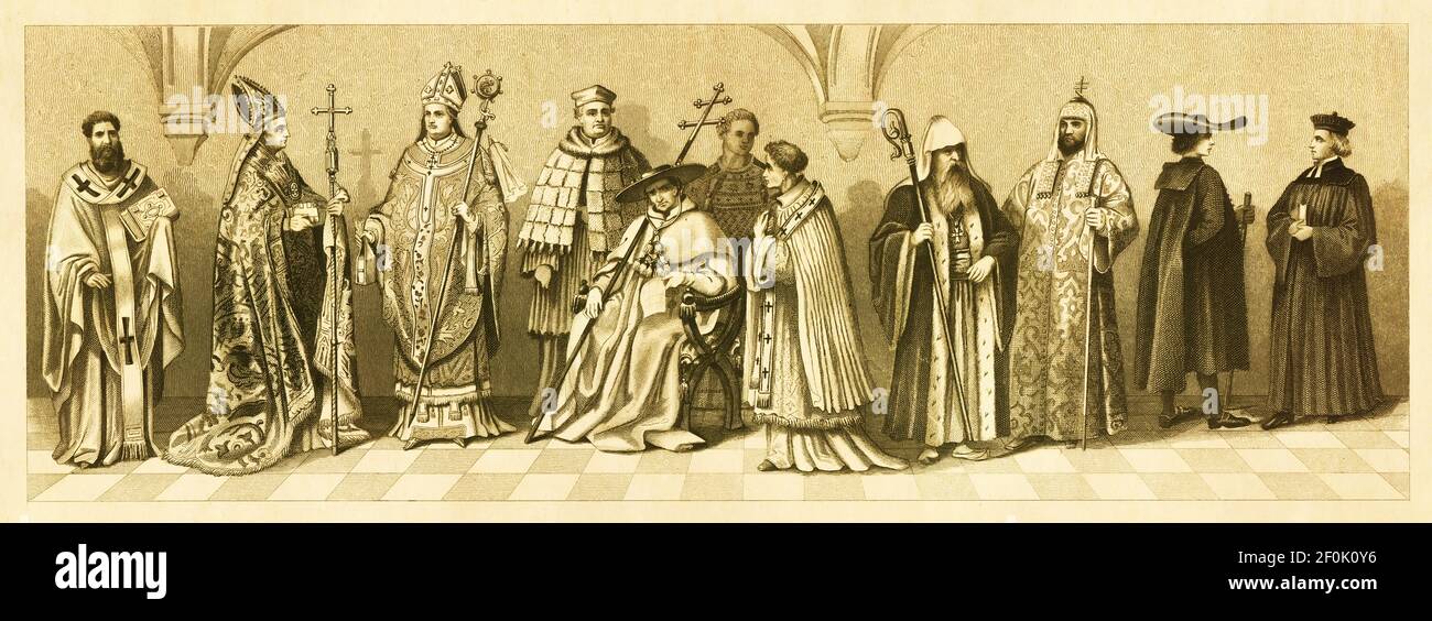 19th-century illustration of religious garments. From left to right: 1 ...