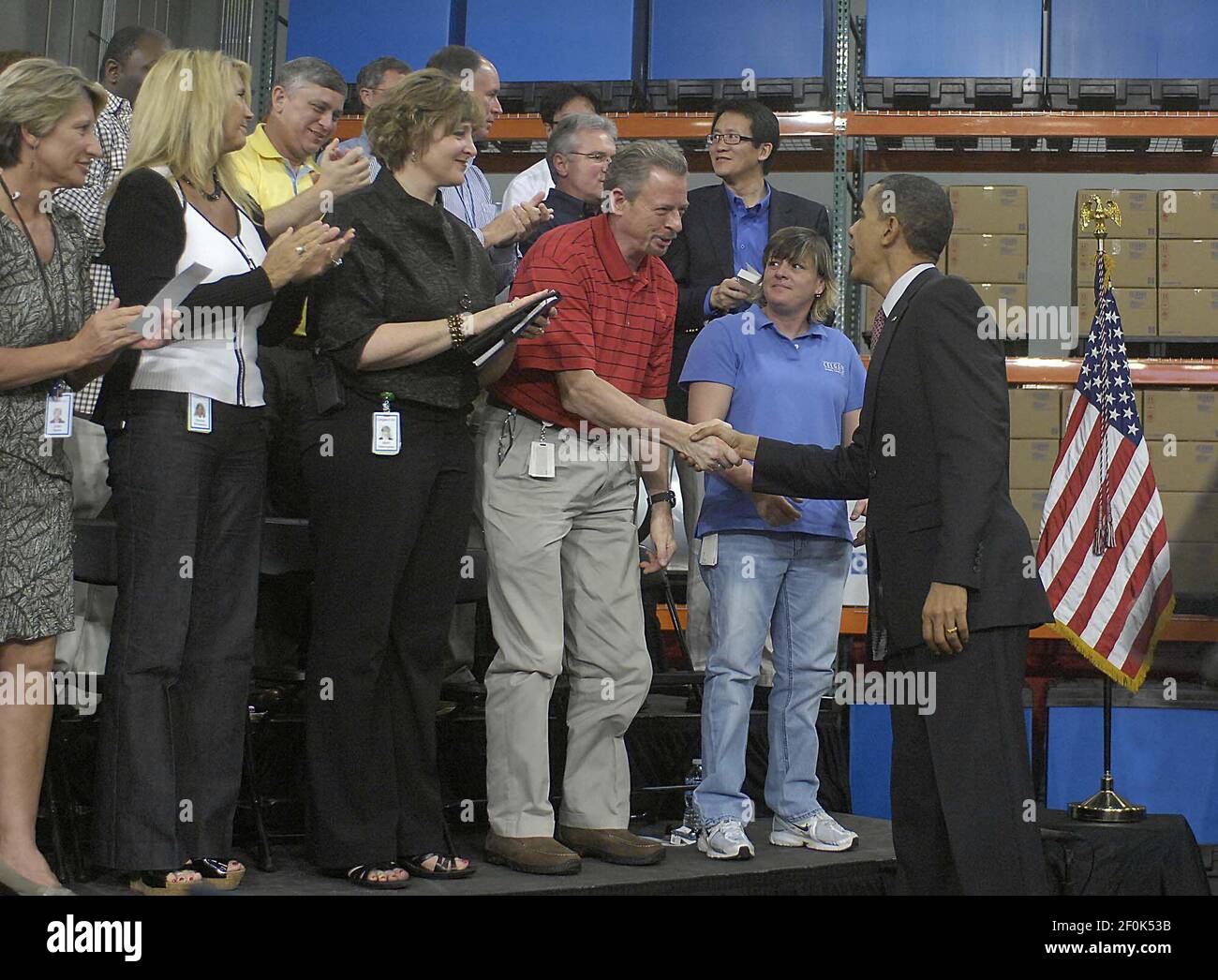 President Barack Obama greets the crowd before he speaks at Celgard in ...