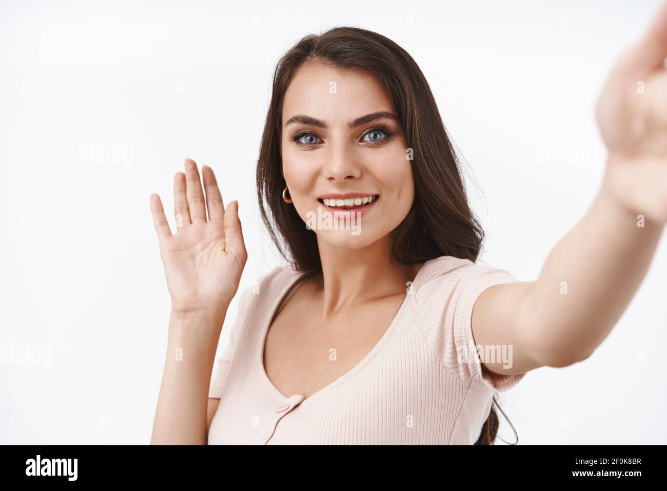 Attractive Young Woman Saying Hello High Resolution Stock Photography ...