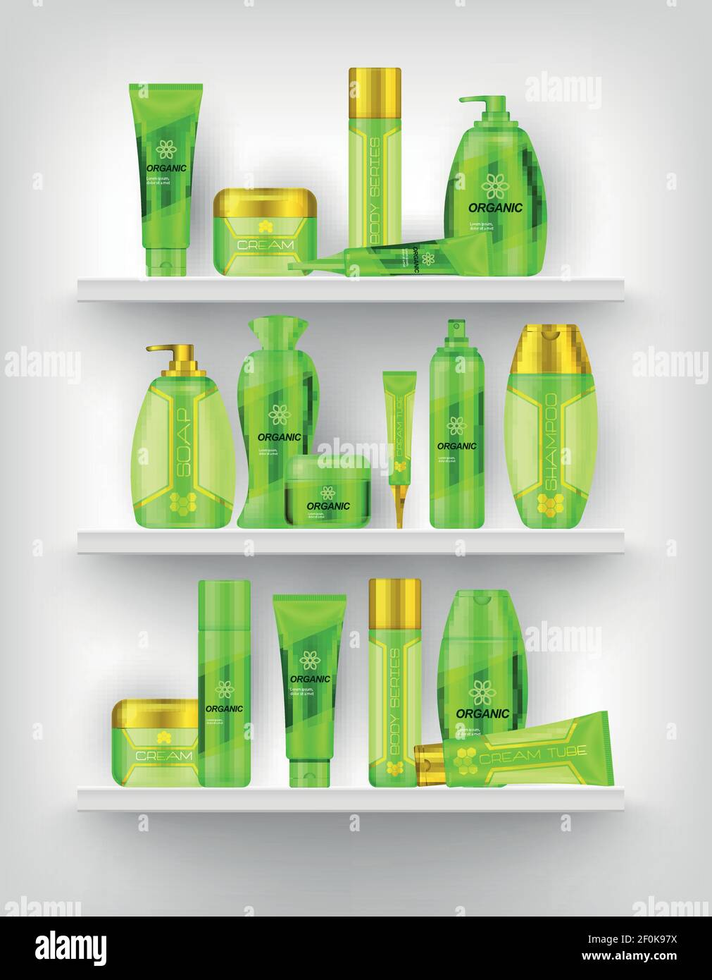 Shelves with cosmetics of different series with flower and honeycombs ...