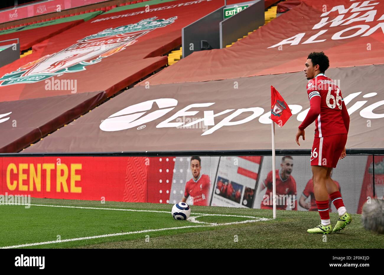 Liverpool's Trent Alexander-Arnold prepares to take a corner during the ...