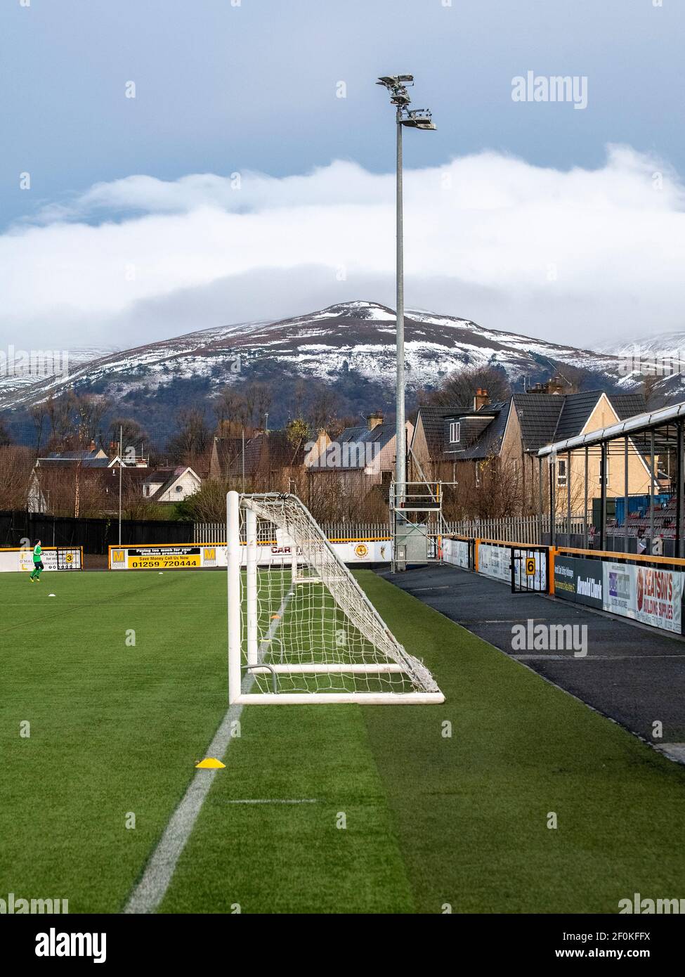 Alloa, Scotland, UK. 5th December 2020: A side view of football goals ...