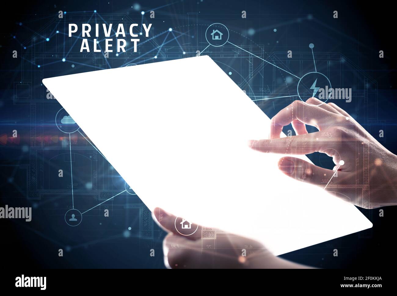 Holding futuristic tablet with PRIVACY ALERT inscription, cyber ...