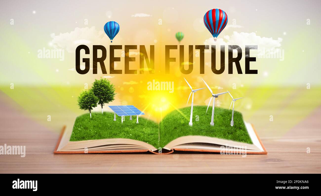Open book with GREEN FUTURE inscription, renewable energy concept Stock ...