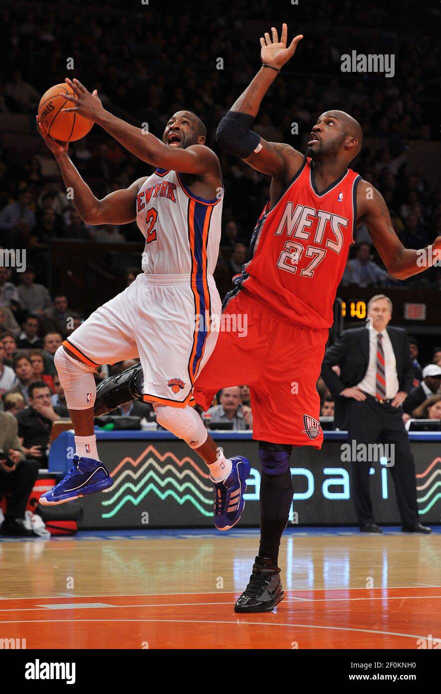 New York Knicks point guard Raymond Felton (2) is fouled by New Jersey ...