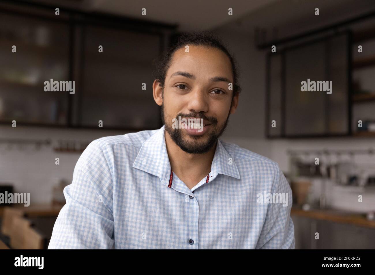Head shot portrait African American man speaking at camera Stock Photo ...