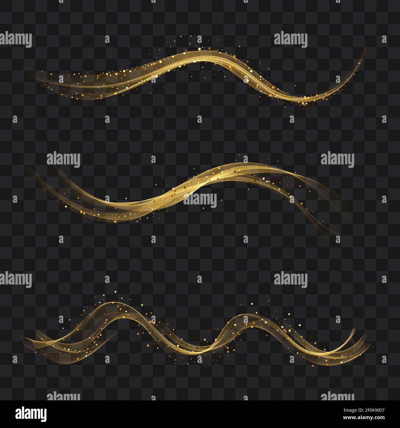Bright glowing wave stream with golden glitter Set of wavy golden ...