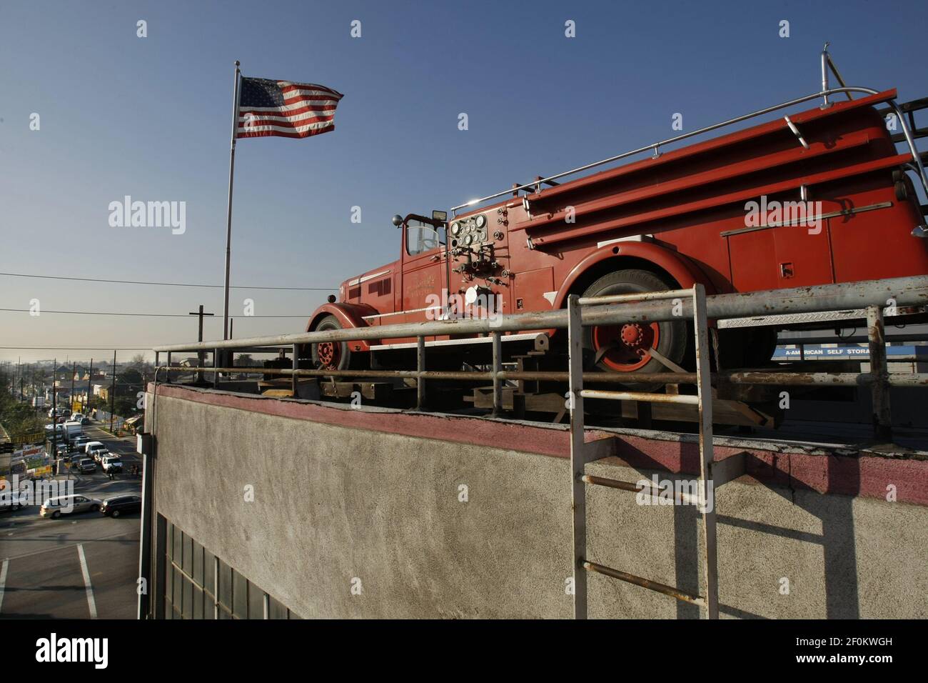 Since 1987, a vintage fire engine has been parked on the roof of a ...