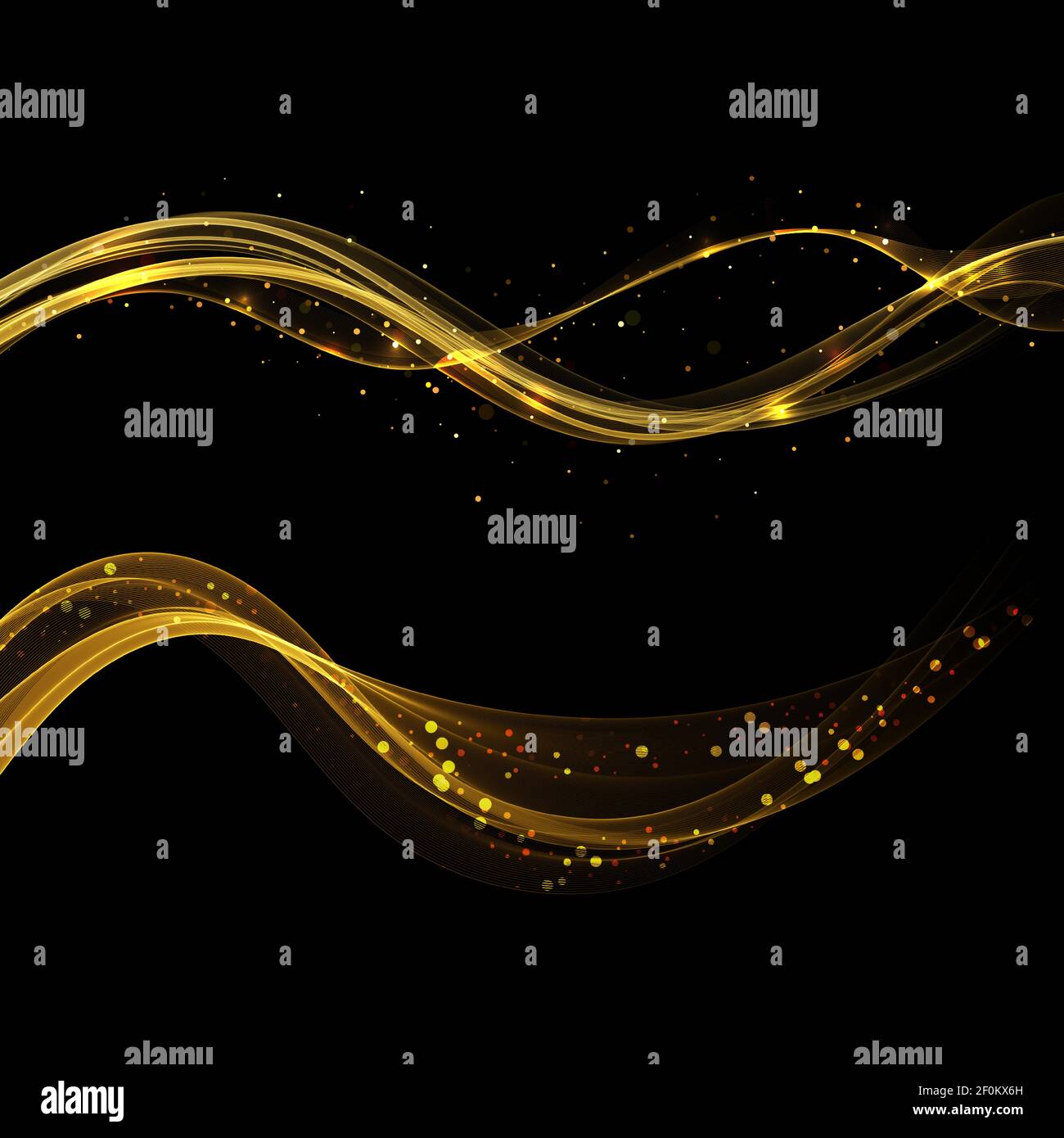 Bright glowing wave stream with golden glitter Set of wavy golden ...