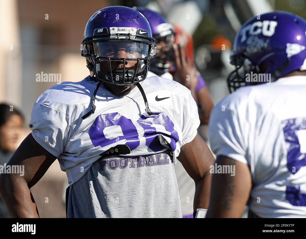 TCU defensive end Jerry Hughes gets ready for a drill during practice ...