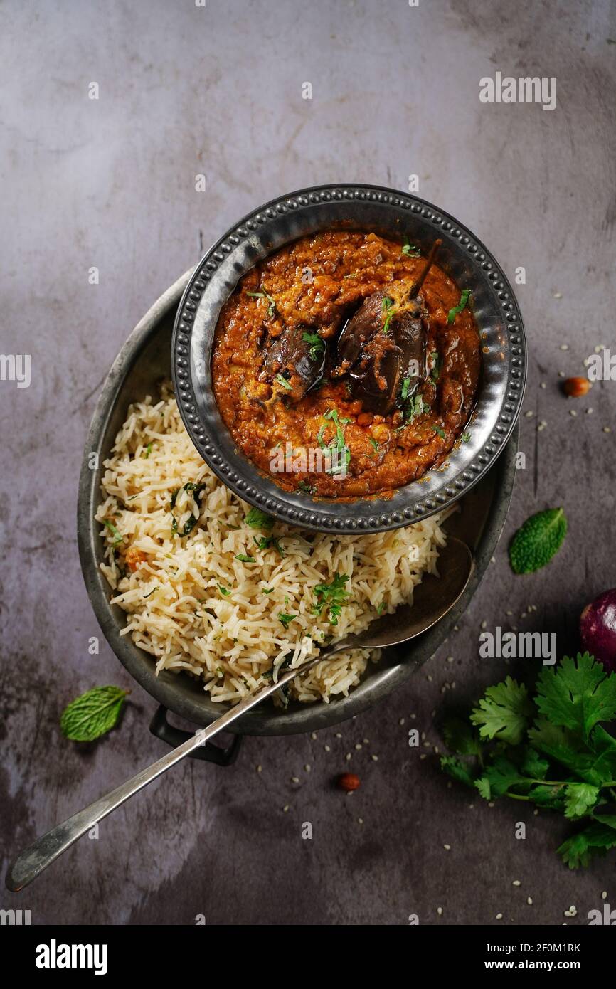 Bagara Baingan served with Bghare Rice - Hyderabadi Eggplant Curry ...