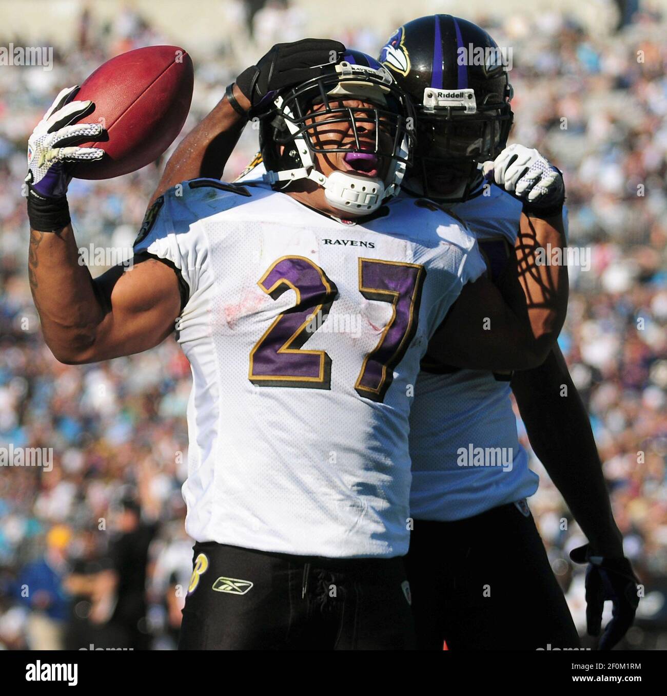 Baltimore Ravens running back Ray Rice (27) celebrates his one-yard ...