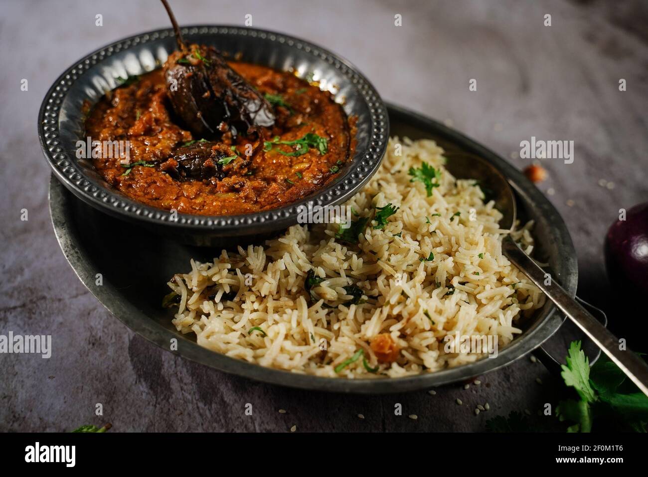 Bagara Baingan served with Bghare Rice - Hyderabadi Eggplant Curry ...