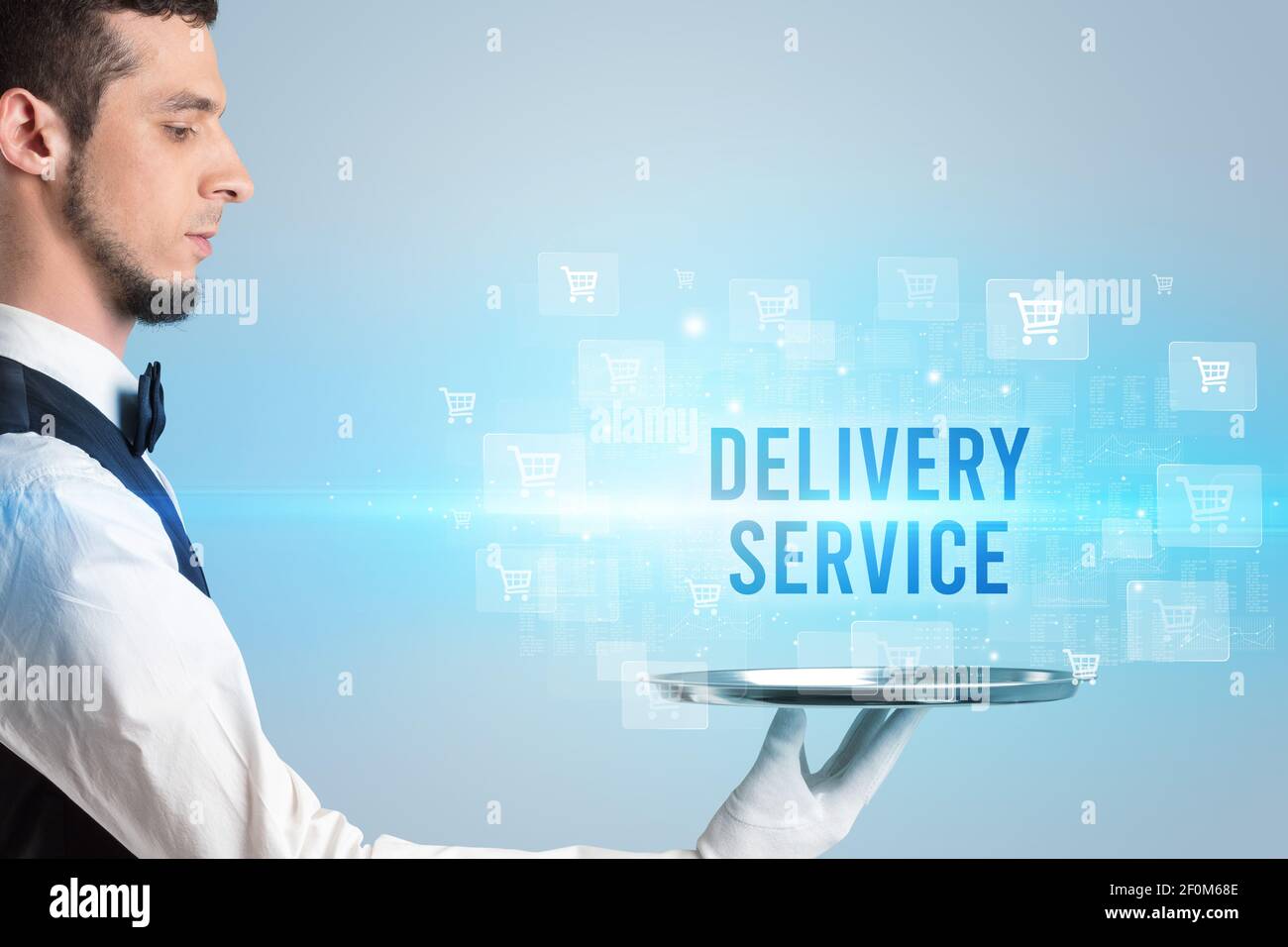 Waiter serving DELIVERY SERVICE inscription, online shopping concept ...