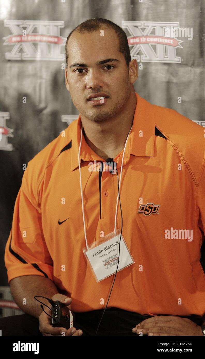 Oklahoma State University defensive end Jamie Blatnick conducts an ...