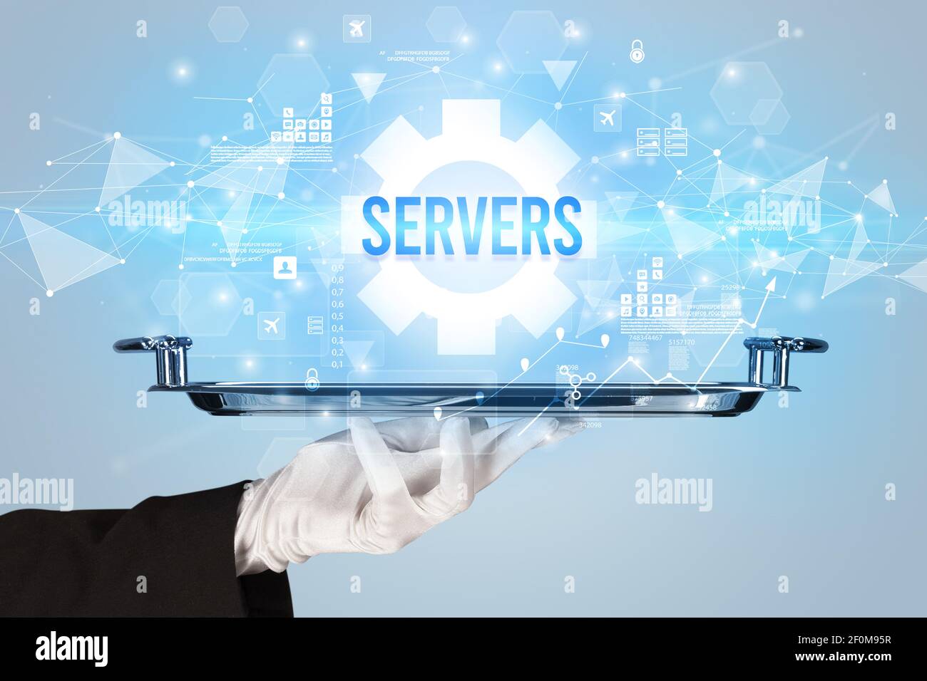 Waiter serving new technology concept with SERVERS inscription Stock ...