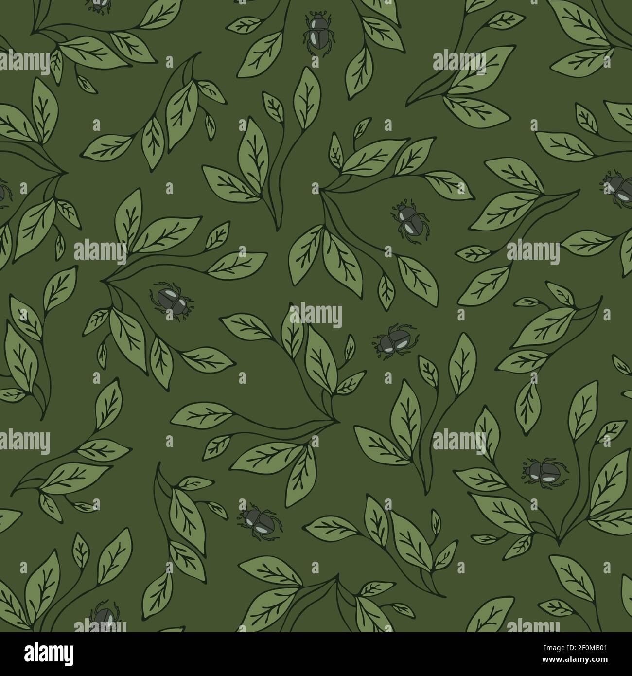 Seamless vector pattern with green leaves and beetles. Dark wallpaper ...