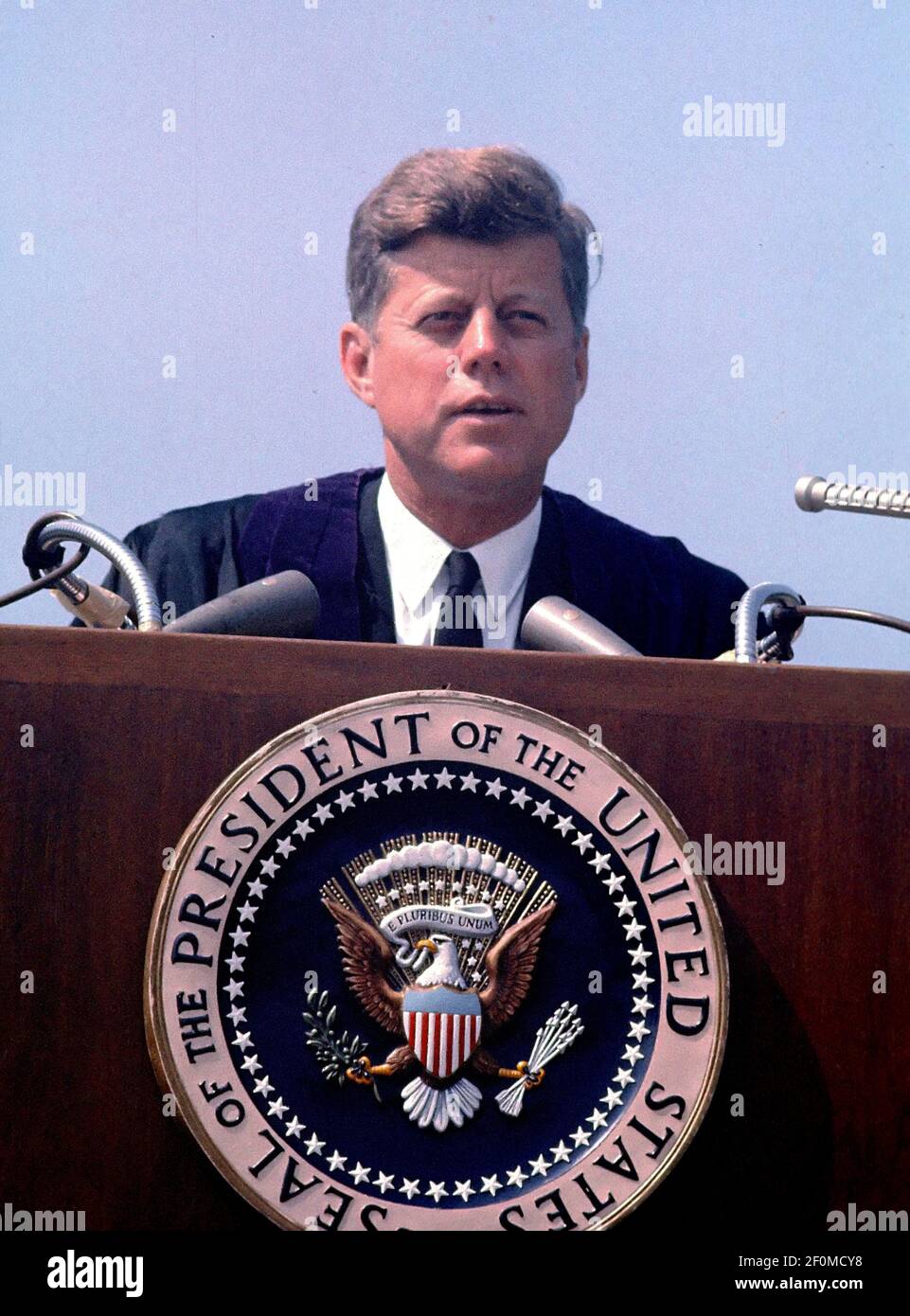 United States President John F. Kennedy speaks at the American ...