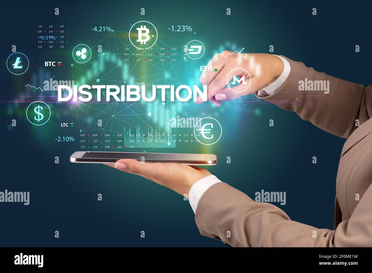 Close-up of a touchscreen with DISTRIBUTION inscription, business ...