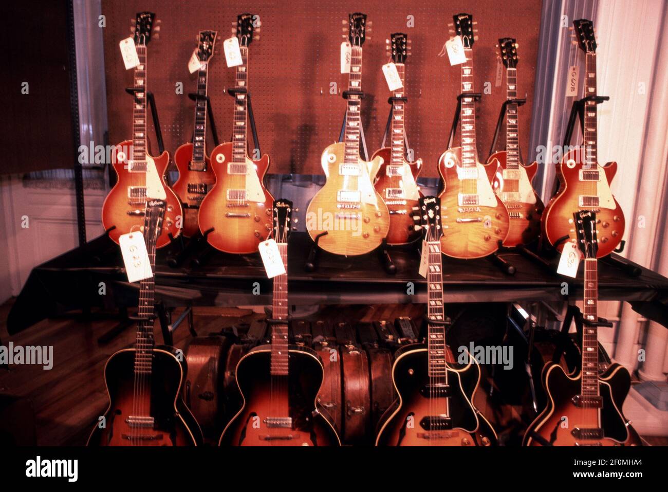 A display of classic Gibson electric guitars which are being sold at ...