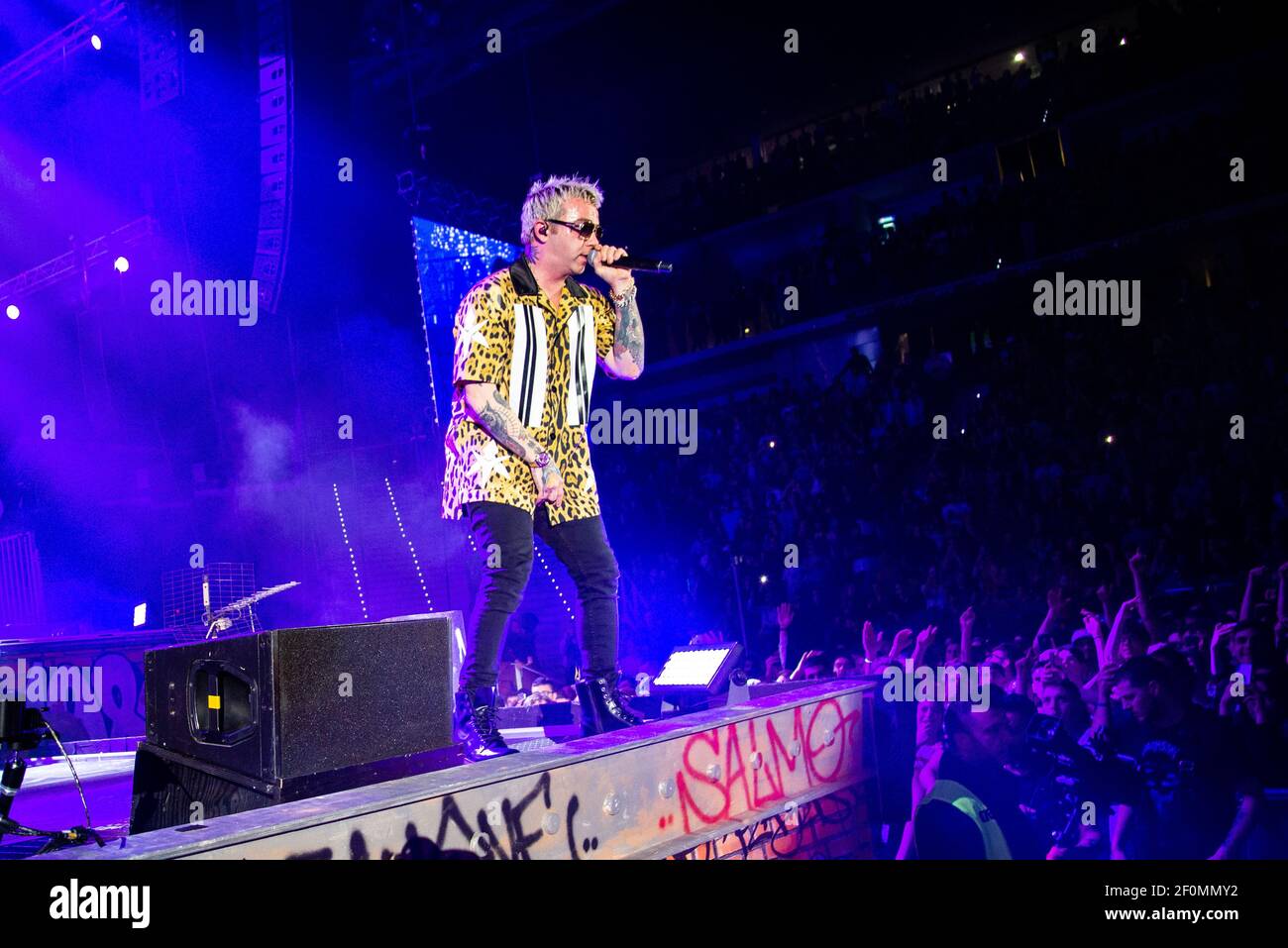 The Italian rapper Salmo seen performing live at Pala Alpitour in Turin ...