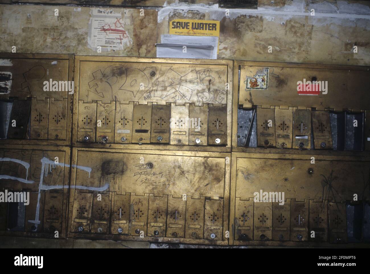 Damaged vandalized mailboxes in an apartment building in Harlem in New ...