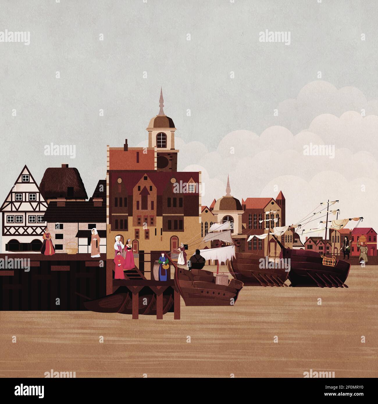 A port city in the Middle Ages Stock Photo - Alamy