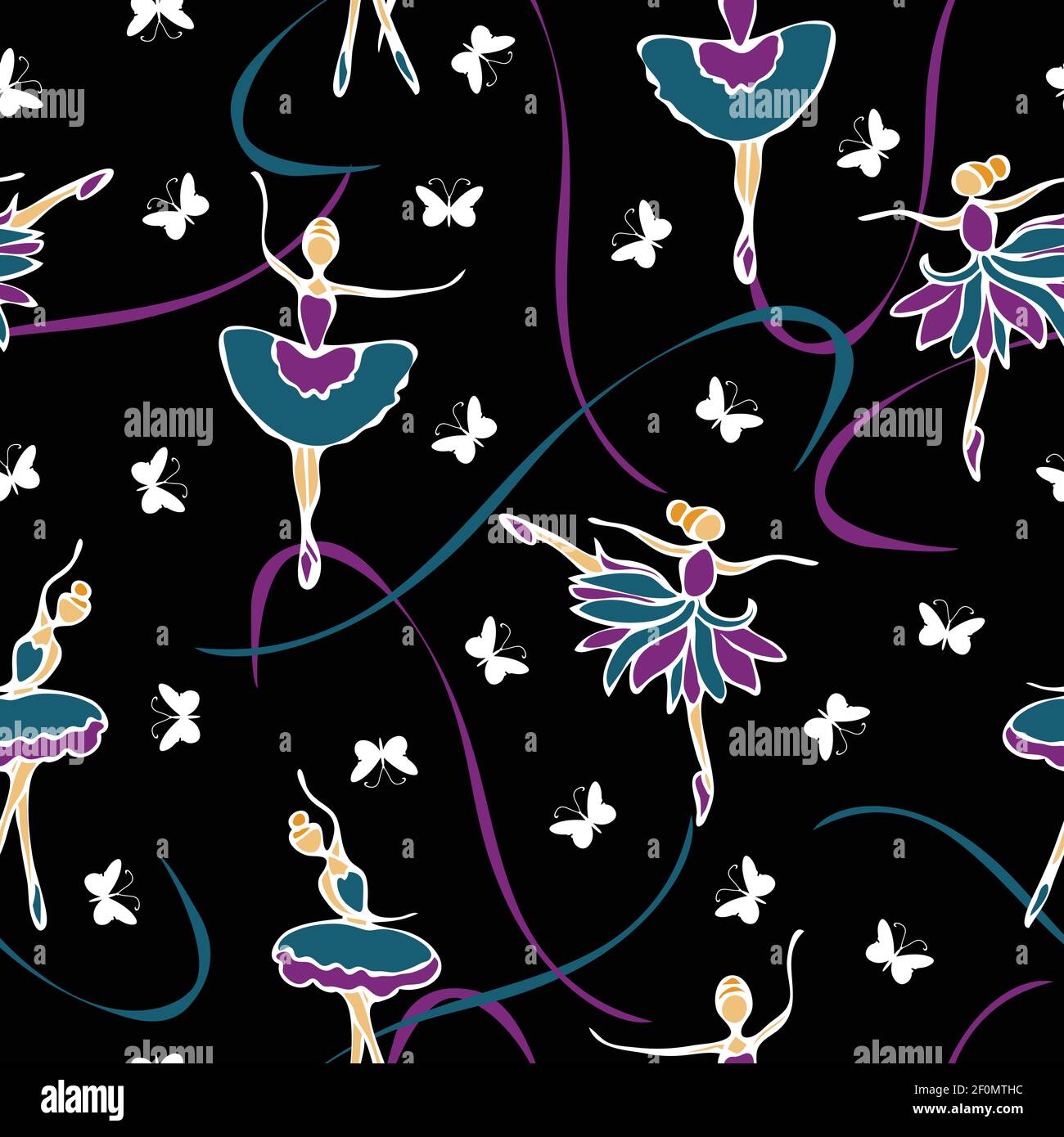 Seamless vector pattern with dancing ballerinas and butterflies on ...