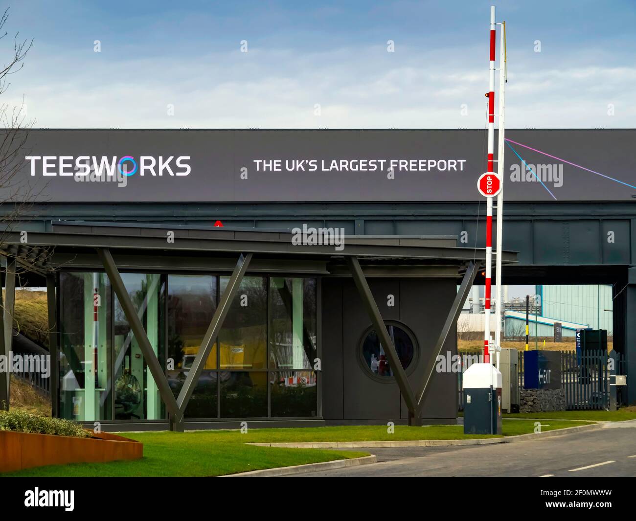 Entrance to the former steel works in Redcar with a new sign Teesworks ...