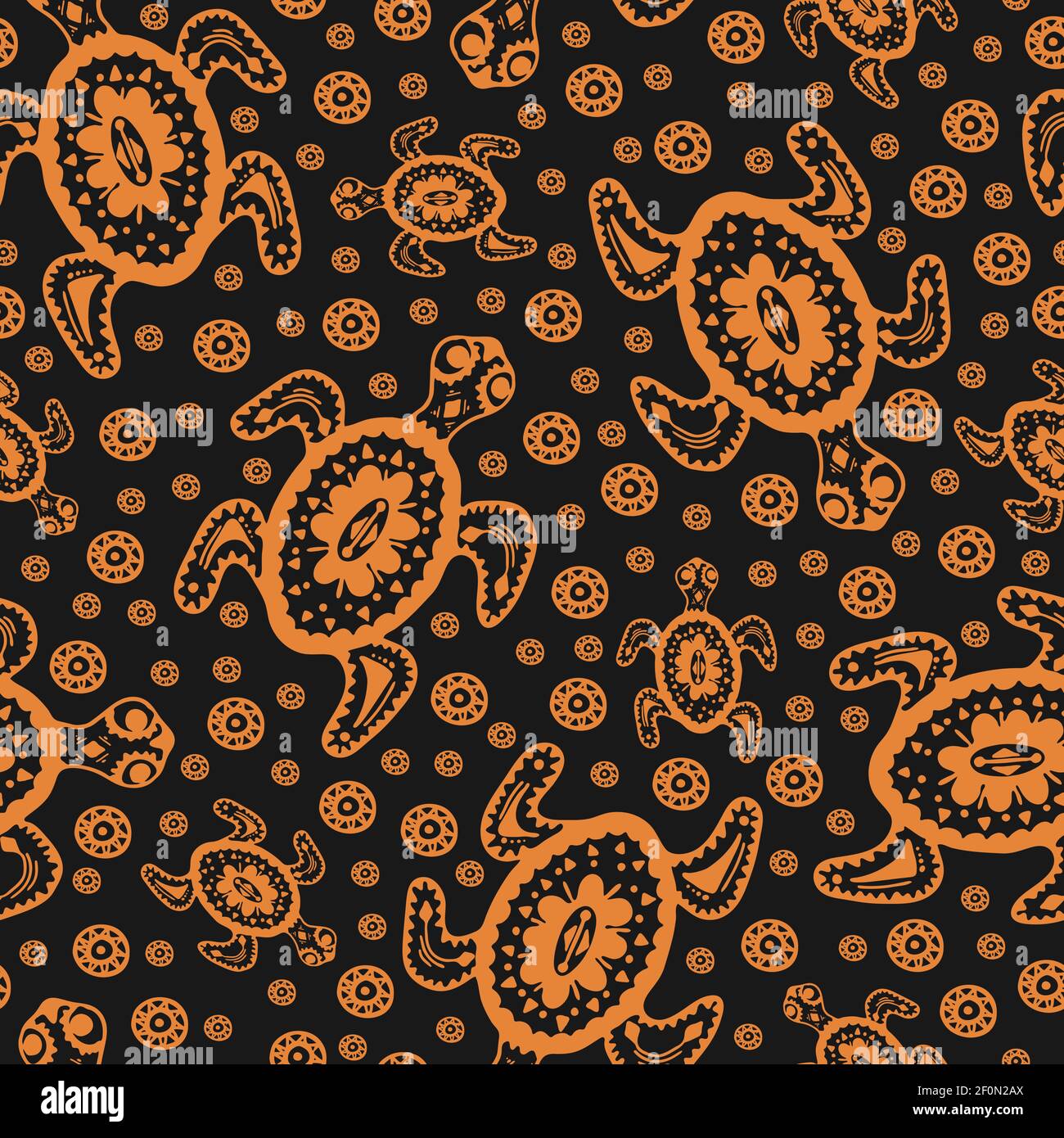 Seamless vector pattern with tortoise tribal art on black background ...