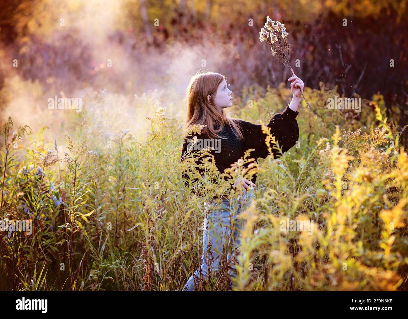 Beautiful young tween girl with red hair outdoors in foggy field Stock ...