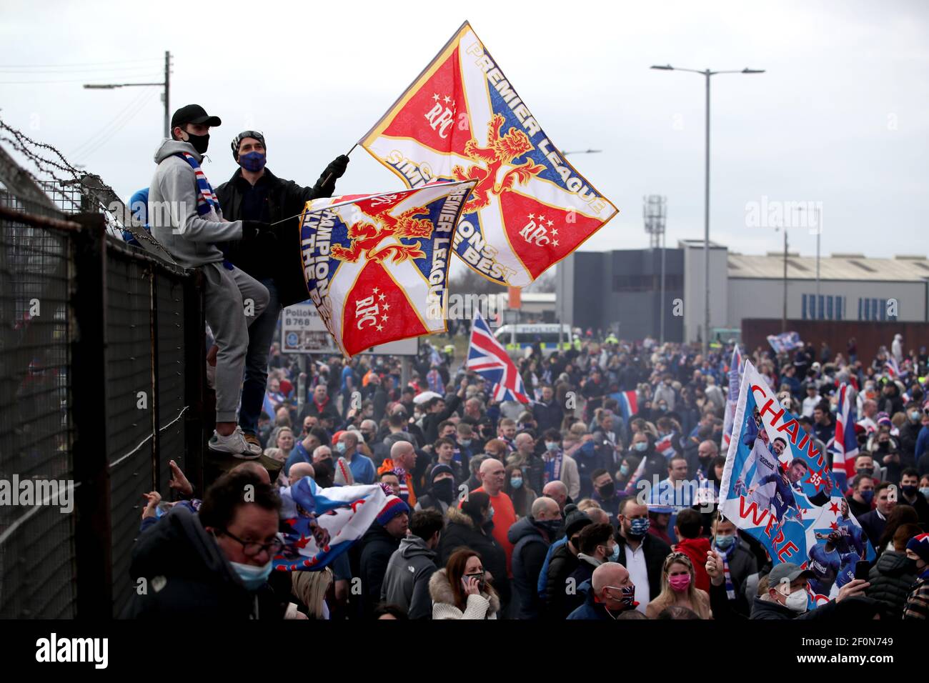 Rangers fans celebrate outside of the Ibrox Stadium after Rangers win ...