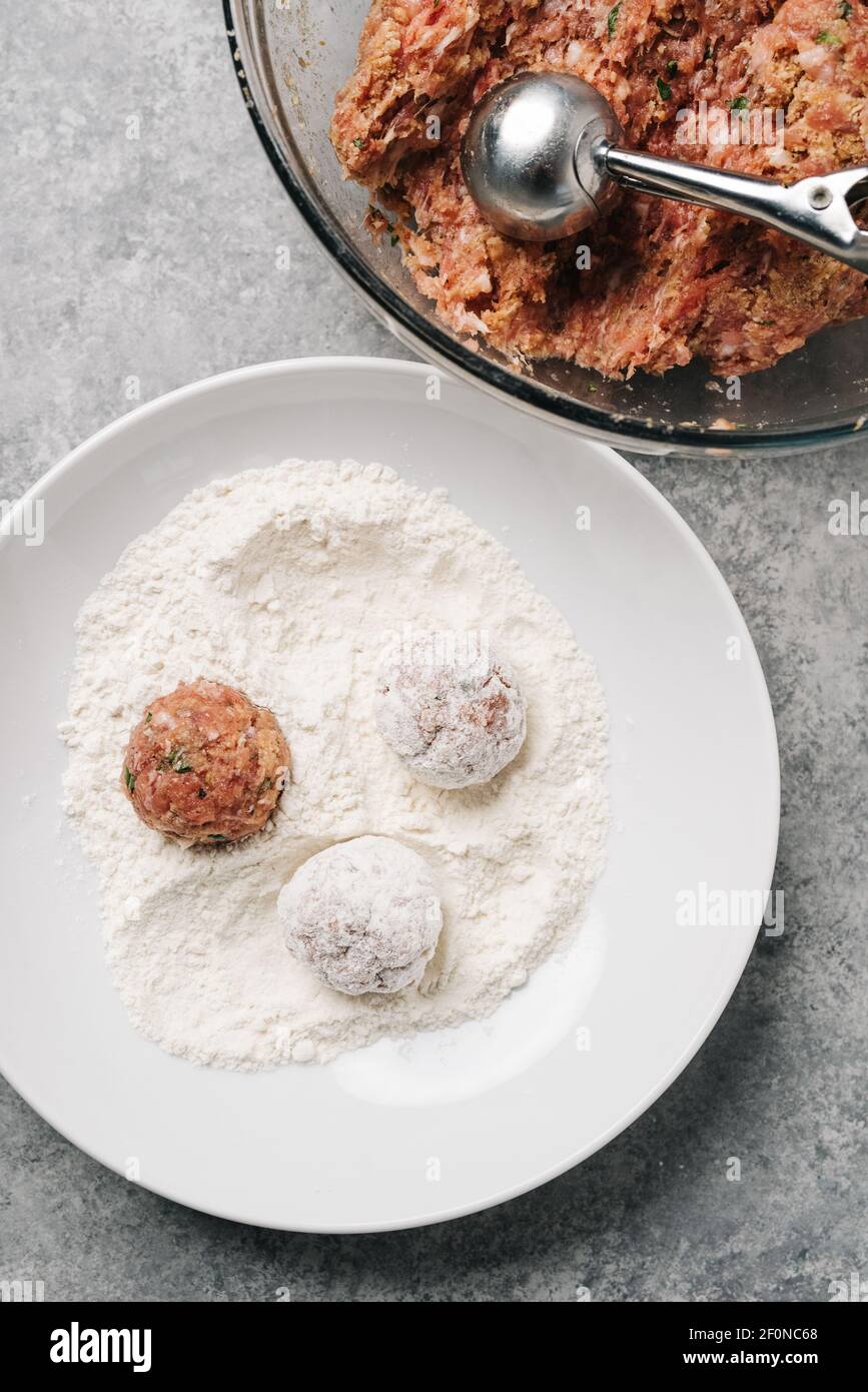 Still life of meatball preparation Stock Photo - Alamy