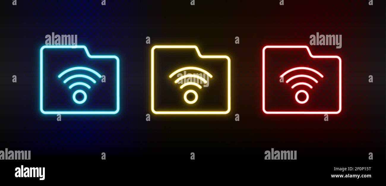 folder, storage, wireless neon icon set. Set of red, blue, yellow neon ...