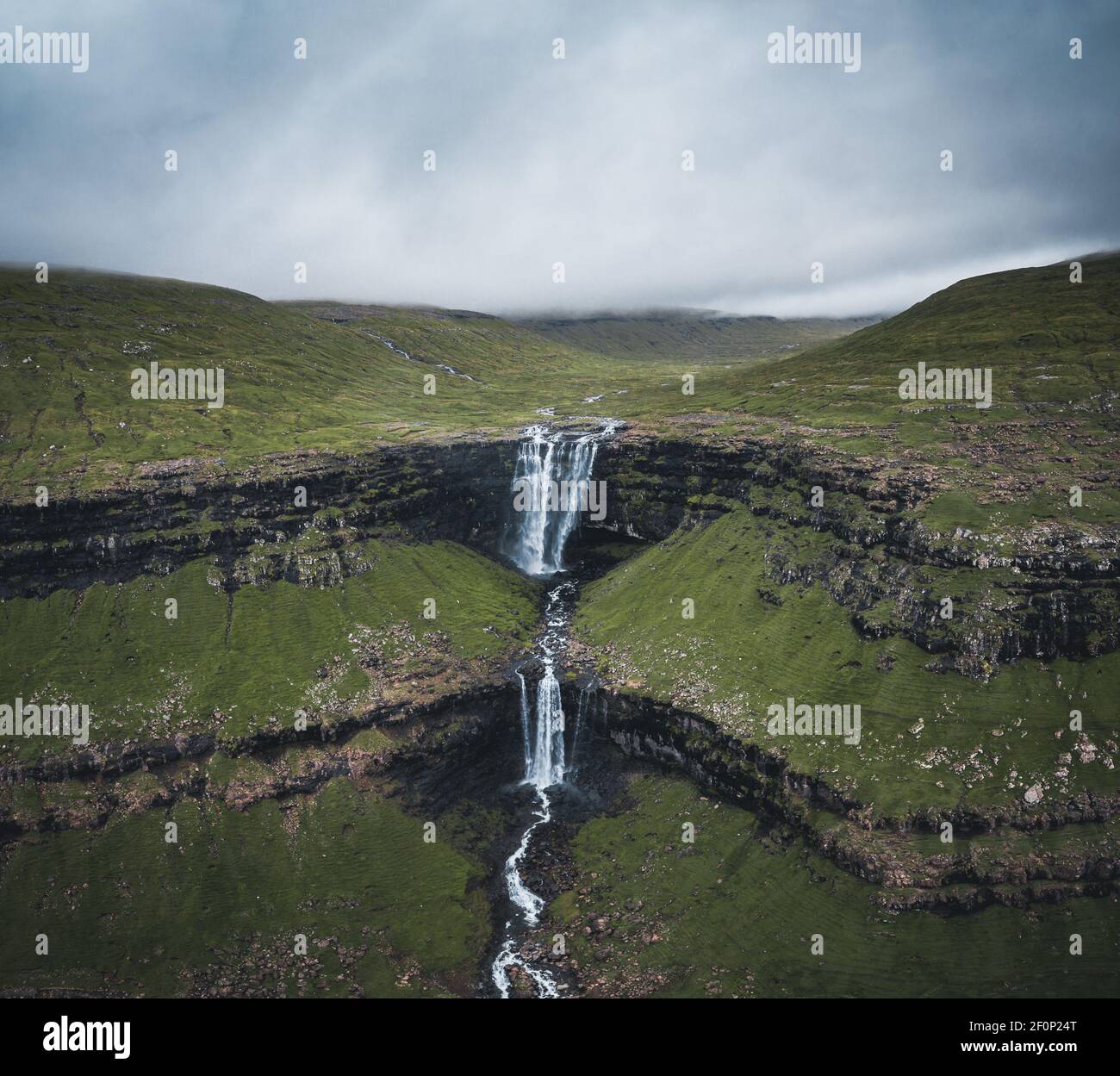 Aerial view of Fossa Waterfall, the highest waterfall in the Faroe ...