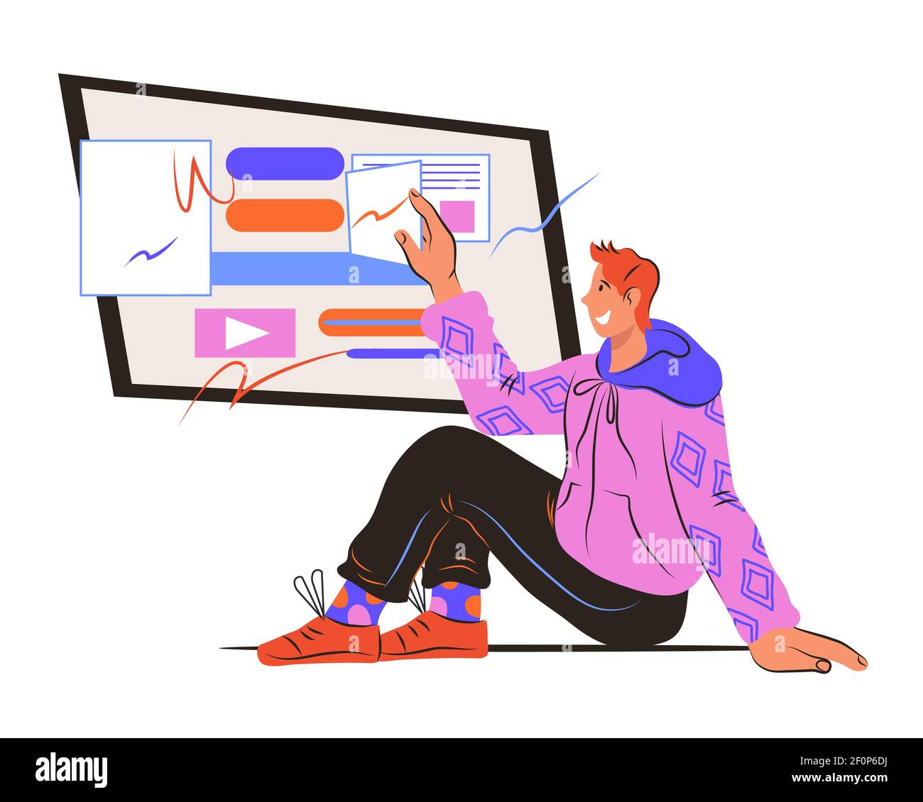 User interacts with computer interface, cartoon cartoon vector ...