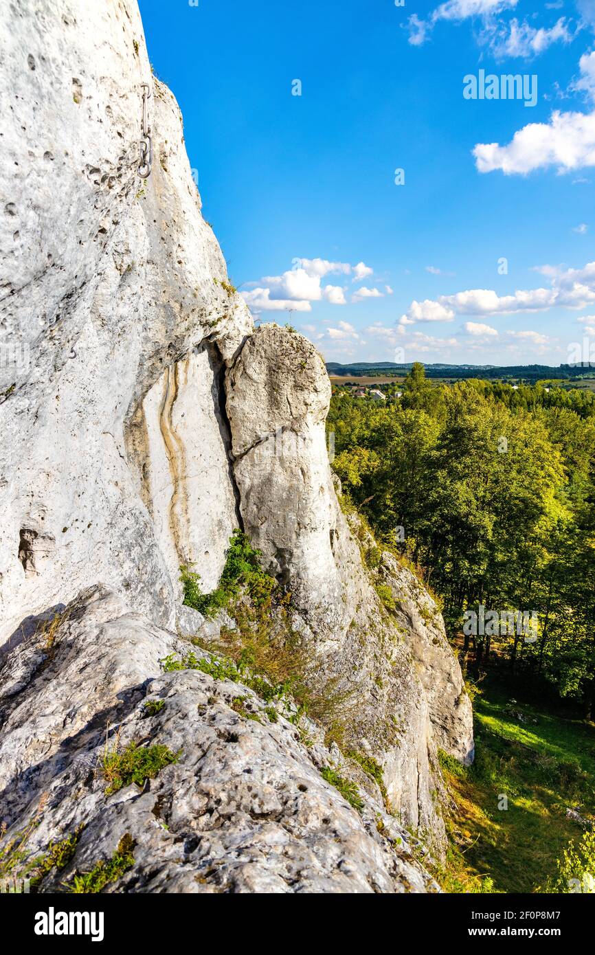 Podzamcze, Poland - August 25, 2020: Limestone rock tower in Gora Birow ...