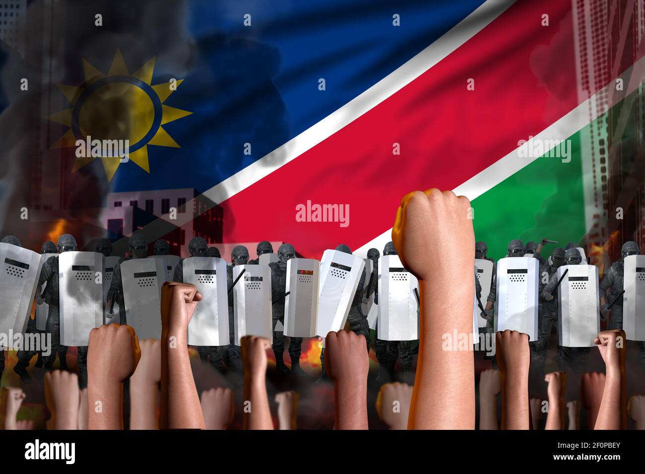 riot fighting concept - protest in Namibia on flag background, police ...